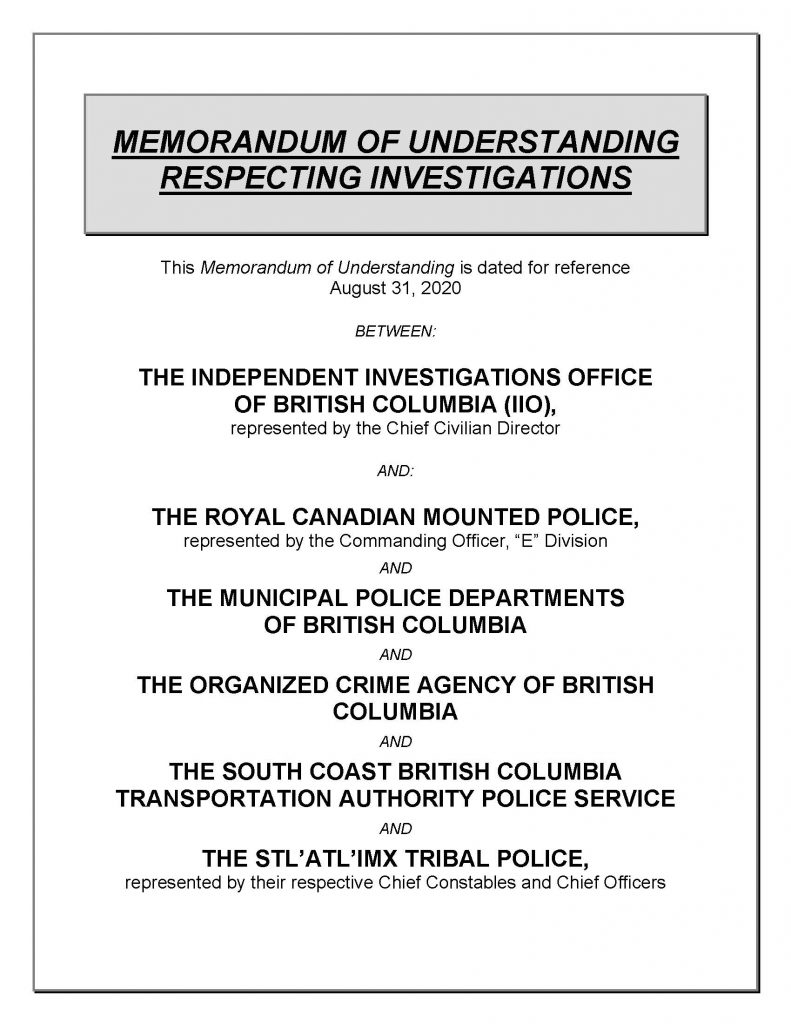 MOU Cover | Independent Investigations Office of BC, IIO, IIOBC